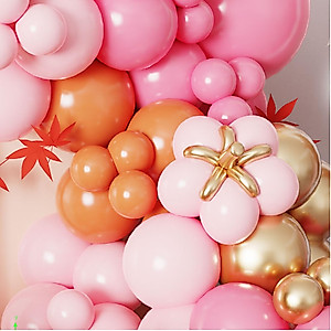 Fall Balloons Garland Arch Kit, 142Pcs Orange Pink Hotpink Nude Gold Balloons with Pumpkin Mylar Balloon for Hello A Little Pumpkin Baby Shower Autumn Birthday