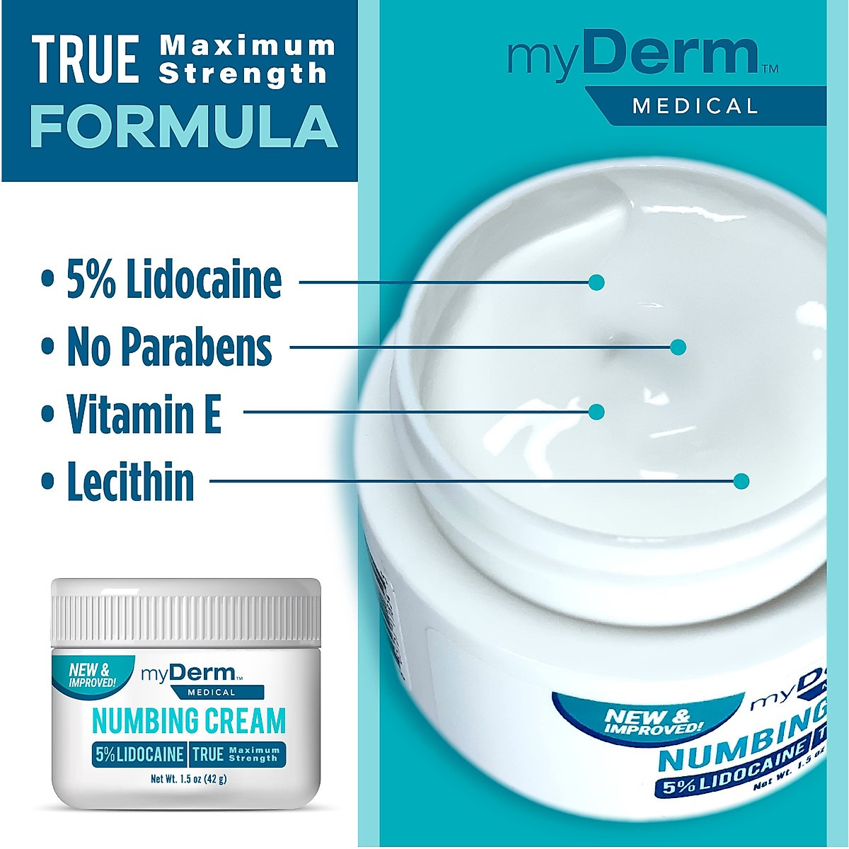 Myderm Medical 5% Lidocaine Numbing Cream, 3 Jars (1.5oz Each) 5% Topical Cream with Vitamin E for Relief from Swelling, Itching, Burning - Made in The USA