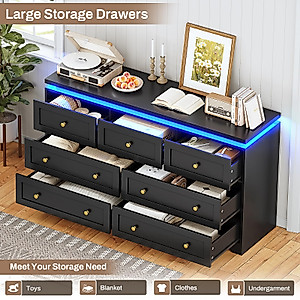 AOGLLATI Dresser for Bedroom, Black Dresser with 7 Drawers, Dressers & Chest of Drawers, Modern Led Wide Long Bedroom Dresser with Top Floating Design for Bedroom Hallway,Black