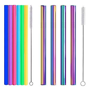 ALINK 6 Silicone Smoothie Straws + 4 12MM Stainless Steel Boba Tea Straws