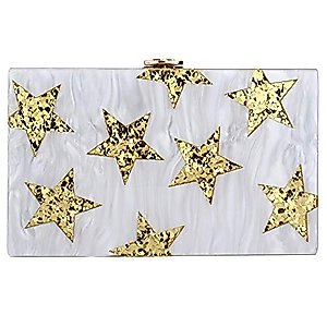 YYW Womens Acrylic Star Designer Evening Bag Glitter Sequins Clutch Purse Box Bag Party Wedding Cocktail Handbags Shoulder Bag (White)
