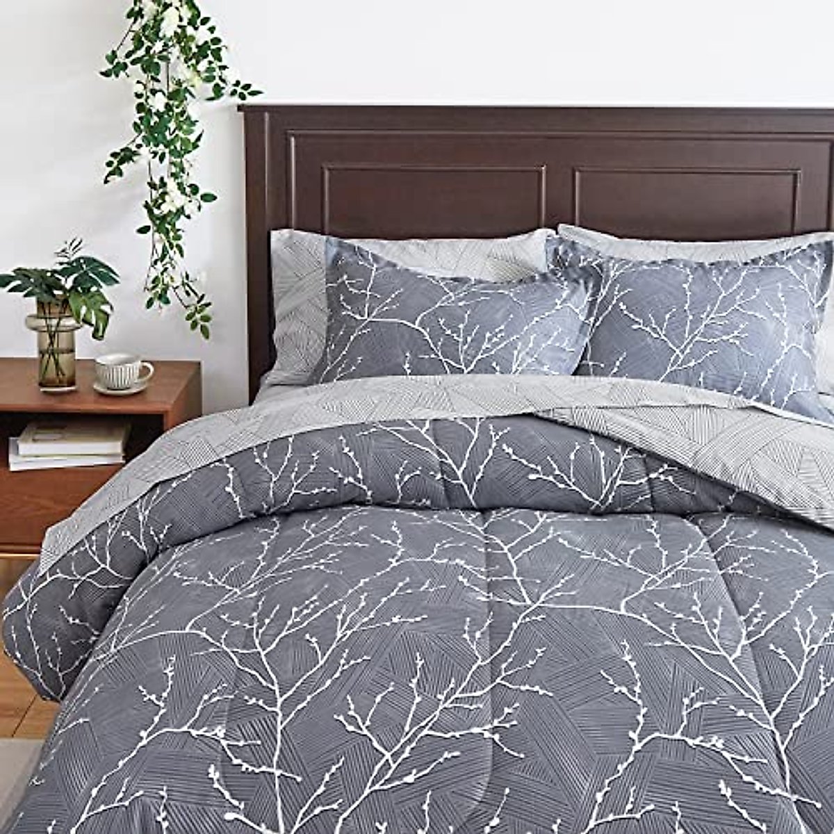 UOZZI BEDDING Cotton Gray Comforter Sheet Set Queen Size 7 Pieces Bed in a Bag with White Branch Soft Bed Set (1 Comforter 2 Pillow Shams 1 Flat Sheet 1 Fitted Sheet 2 Pillowcases)
