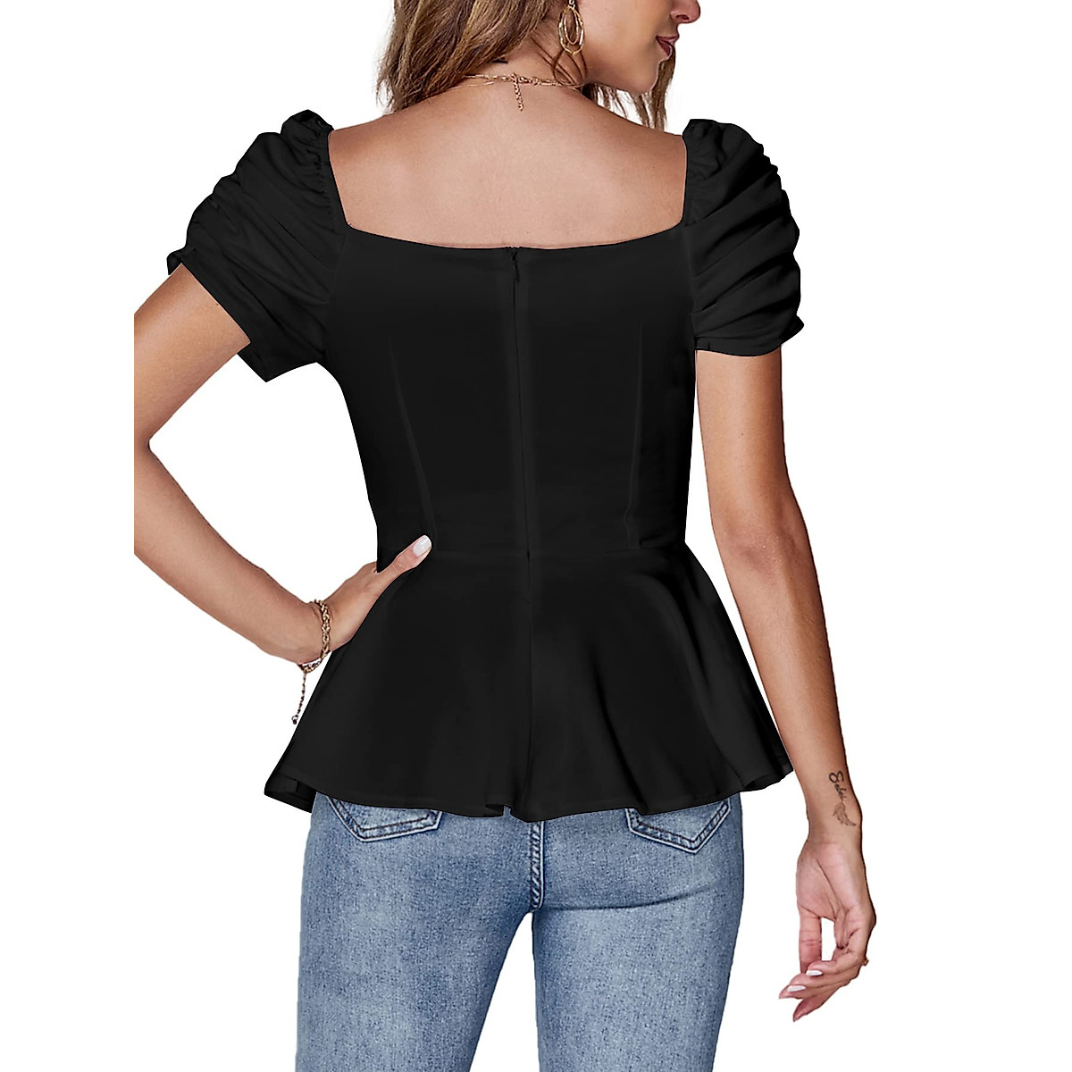LYANER Women's Wrap V Neck Zipper Back Puff Short Sleeve Flare Ruffle Peplum Top Blouse Black X-Large