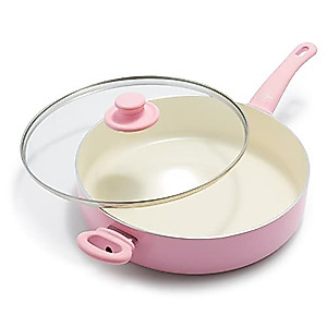 Greenlife Soft Grip Healthy Ceramic Nonstick, 5QT Saute Pan Jumbo Cooker with Helper Handle and Lid, PFAS-Free, Dishwasher Safe, Pink