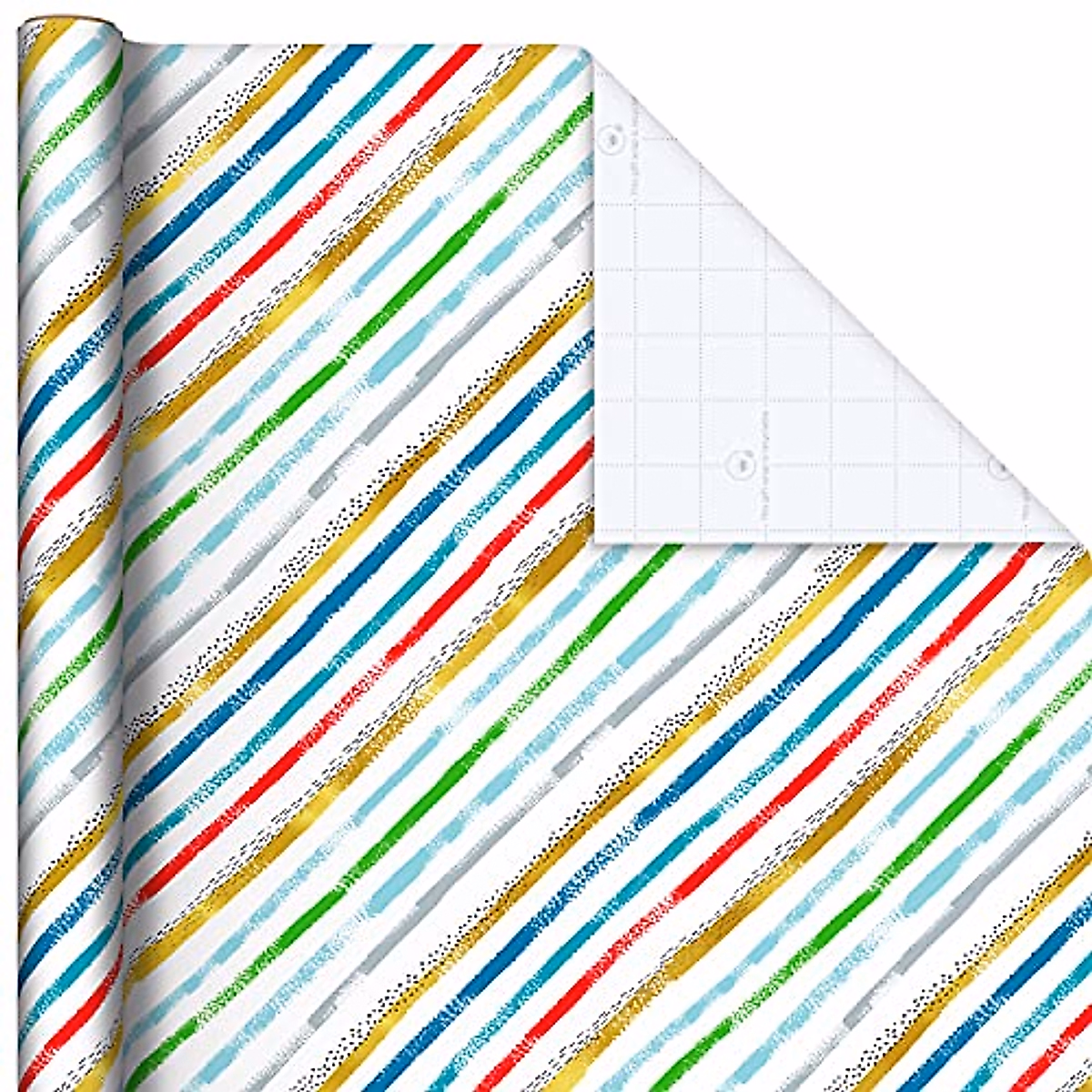Hallmark Recycled Wrapping Paper with Cutlines on Reverse (3 Rolls: 60 Sq. Ft. Ttl) Red, Blue, Green, Gold Stripes, Candles, Happy Birthday" for Kids and Adults