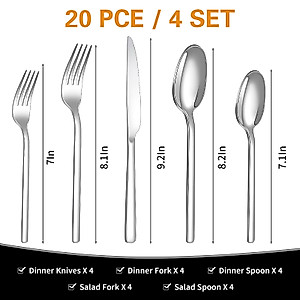 20 Piece Silverware Set Service for 4, Food-Grade Stainless Steel Flatware Set, Modern Classic Design Cutlery Utensil Set, Dinner Fork Knife Spoon Eating Tableware for Home, Dishwasher Safe