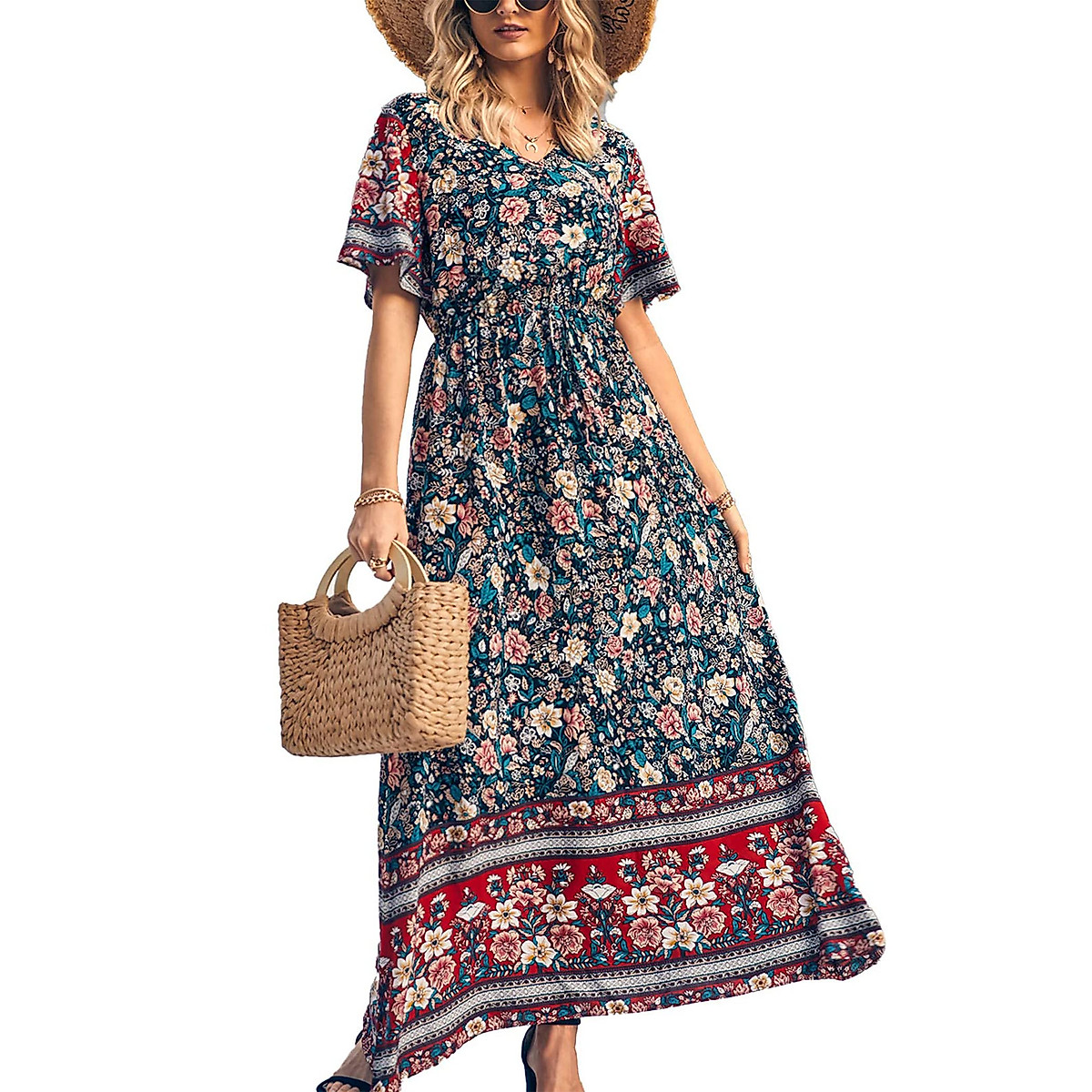 PRETTYGARDEN Women's Casual Summer Boho Floral Print Dress V Neck Short Sleeve High Waist Long Maxi Beach Dresses (Black,Medium)