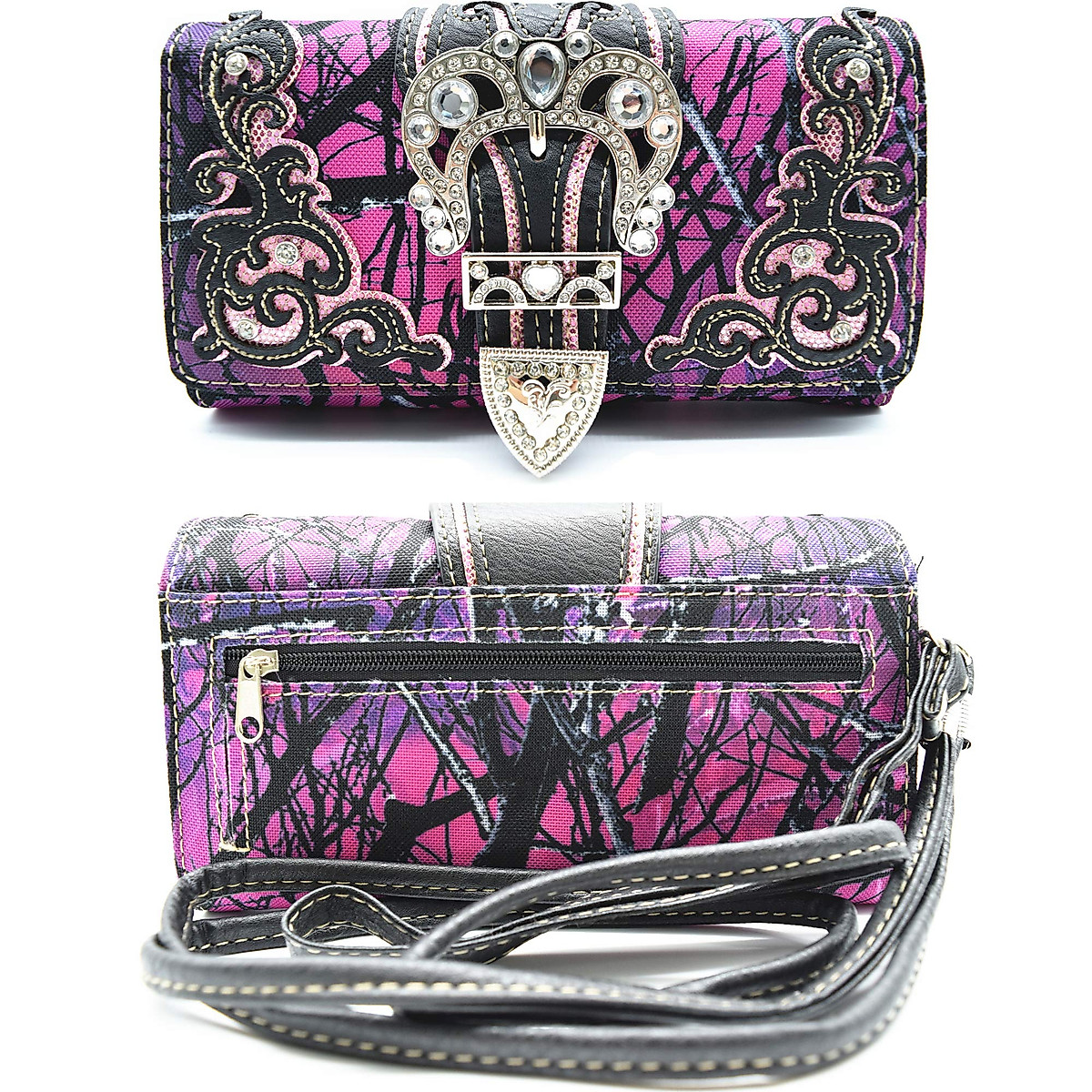 Camouflage Crown Buckle Western Style Purse Floral Shine Glow Country Handbag Women Shoulder Bag Crossbody Wallet Set (Purple)