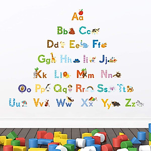 DECOWALL DS8-1608 Watercolour Animal Alphabet ABC Kids Wall Stickers Decals Peel and Stick Removable for Nursery Bedroom Living Room Art murals Decorations