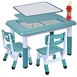 RedSwing 3 in 1 Kids Table and Chair Set, Multi Activity Drawing Table with 2 Chairs for Toddlers, Plastic Height Adjustable Play Table with Storage Bins, Blue