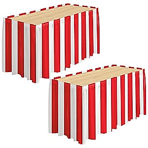 durony 2 Packs Red and White Striped Table Skirt Circus Theme Party Supplies Carnival Table Skirt for Carnival Home Party Decoration, 165 x 30 Inches