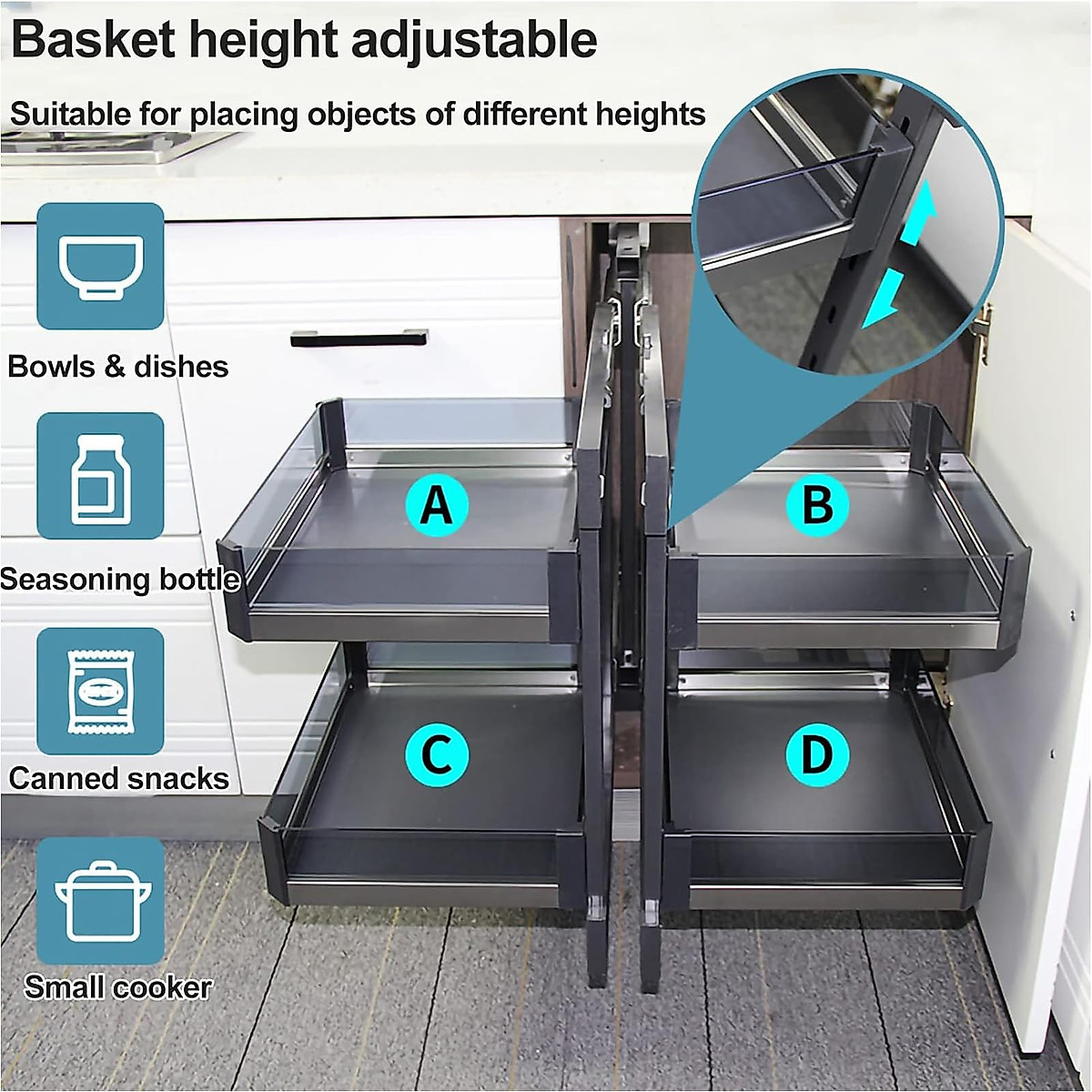 QLYFWLKQ Blind Corner Cabinet Pull Out Organizer, 2 Tier 4 Shelf Chrome Blind Corner Soft Close, Corner Kitchen Cabinet Pull Out Storage Rack Shelf