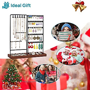 Vtopmart Jewelry Holder Organizer Stand Tree for Earring Necklace Ring Bracelets Display and Storage, with 90 Holes, 12 Hooks, Ring Tray, Black+ Walnut
