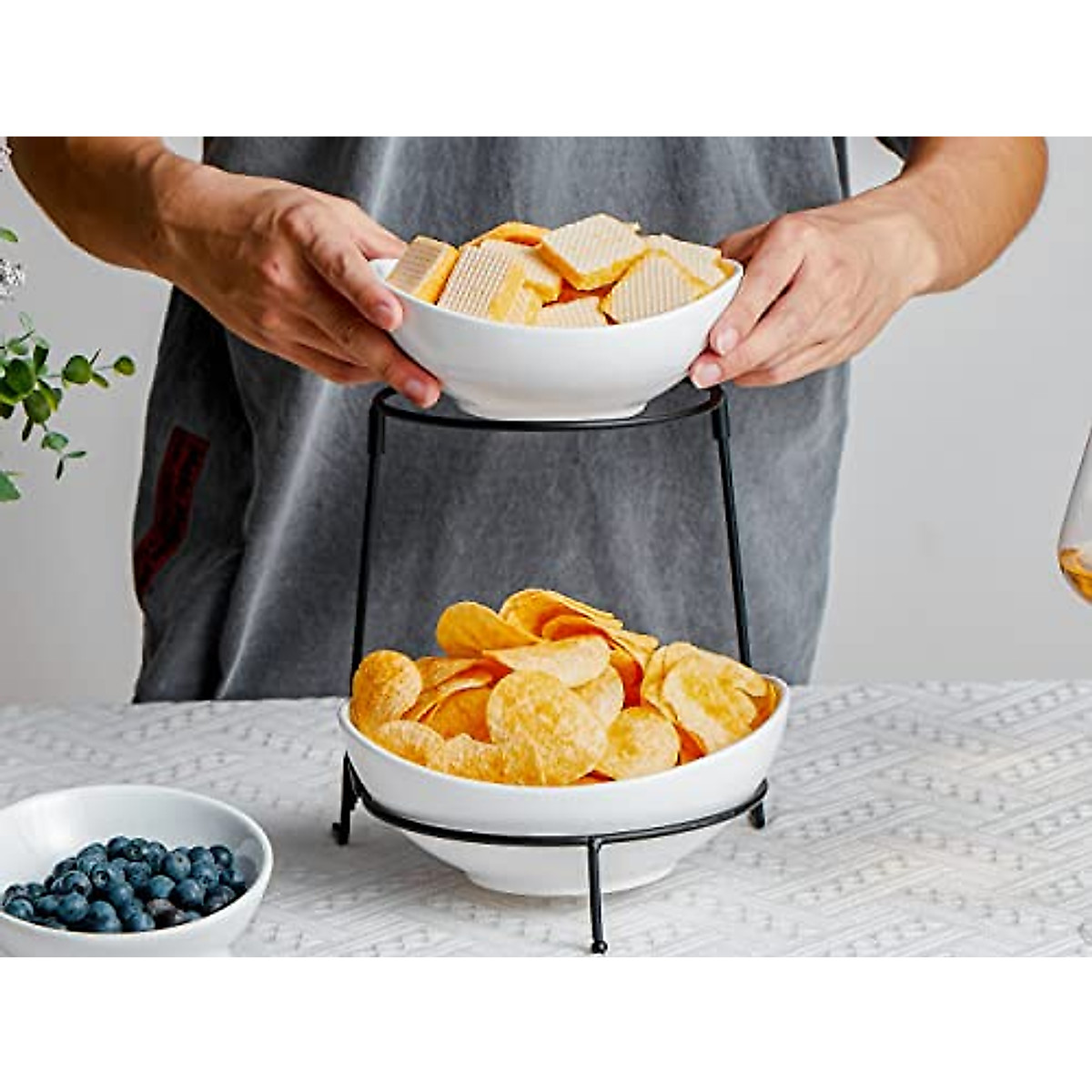 ONEMORE Tiered Serving Stand - 2 Tier Ceramic Chip and Dip Bowls with Collapsible Food Display Stand - Perfect for Parties, Buffets and Entertaining - White