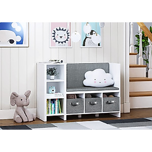 UTEX Kids Reading Nook Bench with Bookshelf, Kids Bookcase and Storage Organizer with Seat Cushion, Reading Bench with Bins for Bedroom & Entryway, White