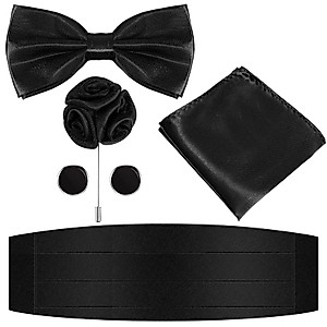 Geyoga 5 Pcs Mens Cummerbund Bow Tie Set Halloween Accessories for Men Party Wedding, Cummerbund Bow Tie Pocket Square Cuff Links(Black)
