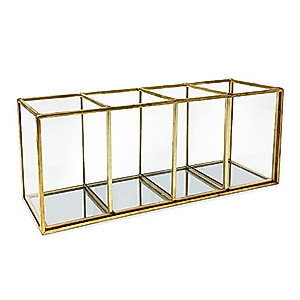 Isaac Jacobs 4-Compartment Organizer- Makeup Brush Holder- Vintage Style Brass and Glass Storage Solution with Mirror Base- Office, Bathroom, Kitchen Supplies and More (Antique Gold)
