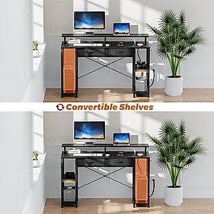 GIKPAL Computer Desk with Drawers, 47 inch Gaming Desk with Storage and Shelves, Home Office Desks with Power Strip, Black Wooden Desk