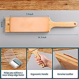 ANGERSTONE Double Sided Leather Strop Kit(14.3" x 3" Knife Stropping Leather）with Ergonomic Handle - Knife Strop for Sharpening Knives, Wood Carving Chisels, Buffing Compound Included