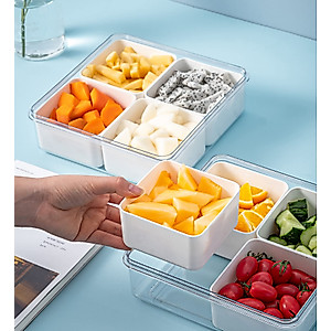 Qushy White Square Plastic Divided Serving Tray with Lid, 4 Compartments Snack Tray Serving Platter for Biscuits, Fruit, Veggie, Candies and Hot Pot