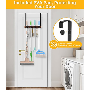 Broom Holder Over The Door - Wood Mop and Broom Holder Wall Mounted or Hanging Over The Door with Hooks - Broom Hanger, Broom Storage Tool Organizer with 4 Racks and 3 Hooks for Garage Closet Laundry