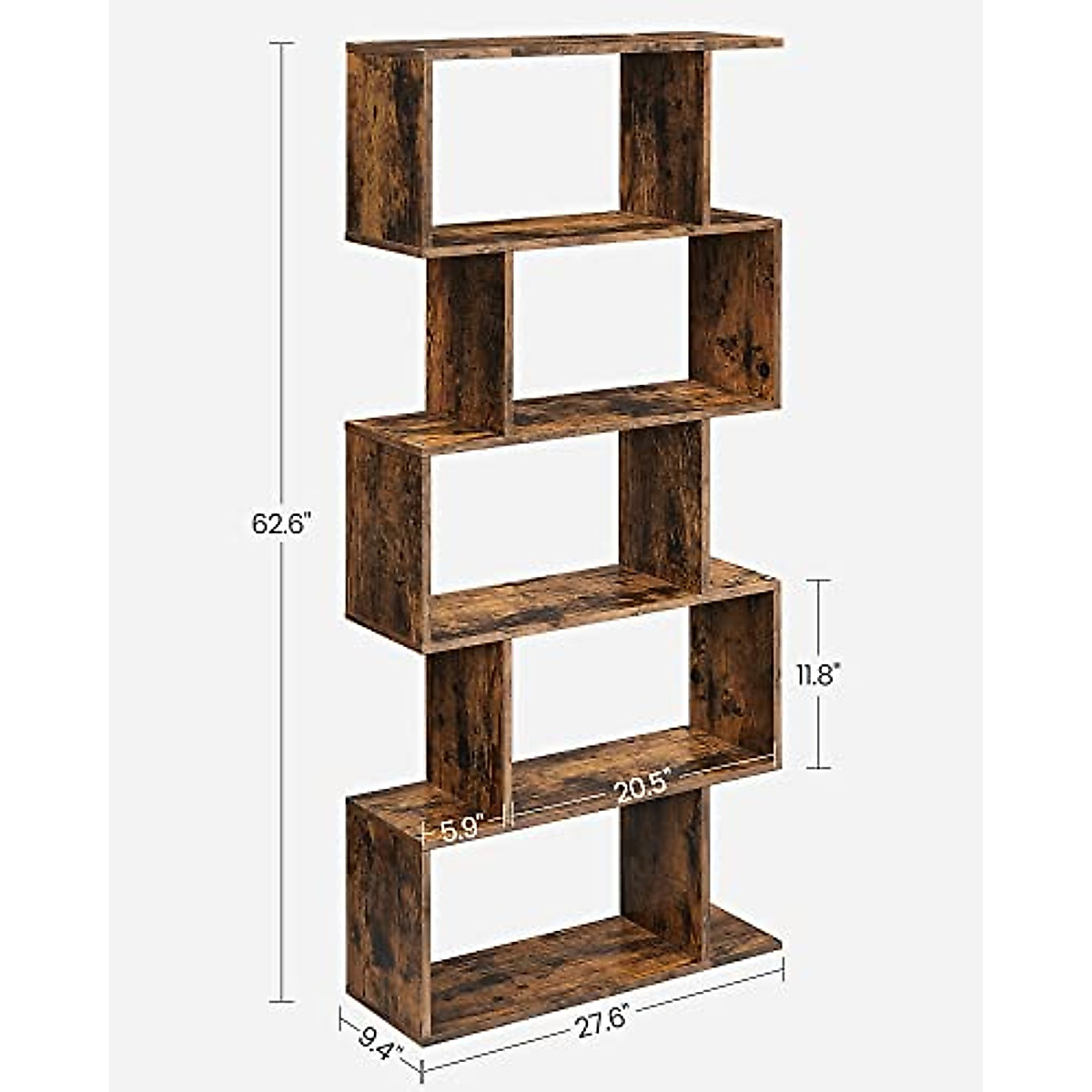 VASAGLE Bookcase, 5-Tier Bookshelf, Display Shelf and Room Divider, Freestanding Decorative Storage Shelving, Rustic Brown ULBC62BX