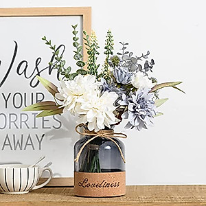 MEGLORYA Fake Flowers Blue White Hydrangea Artificial Flowers with Vase, Farmhouse Coffee Table Decor, Faux Silk Flowers for Home Dining Table Decorations, Boho Bathroom Plant Decor