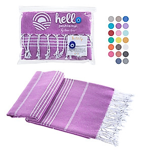 Hello Peshtemal Turkish Beach Towel, Prewashed, 100% Cotton, Soft, Absorbent, Quick Dry, Sand Free Oversized Bath Towels for Bathroom, Pool, Travel, Size 39x71 Inches (Purple)