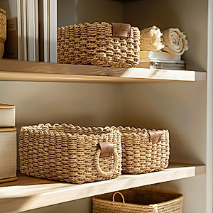 La Jolie Maison Small Sand Wicker Baskets Set of 3, Paper Rope Storage Baskets with Handle, Small Woven Baskets for Organizing, Decorative Cute Baskets for Gifts