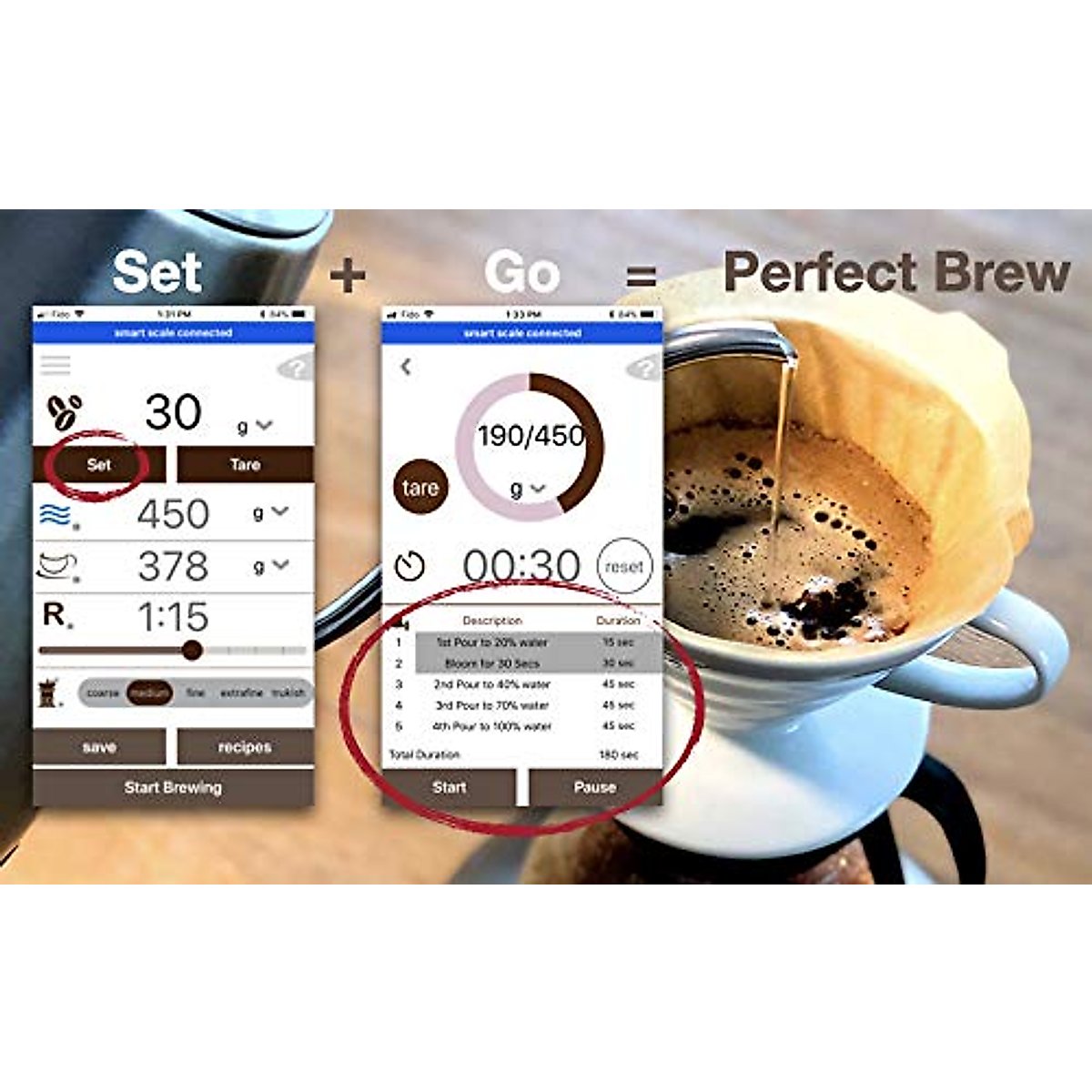 Coffee Scale with Timer, Pour Over Coffee Scale, Espresso Scale, Wireless, free mobile apps, USB Rechargeable Battery, 0.1g 3000g