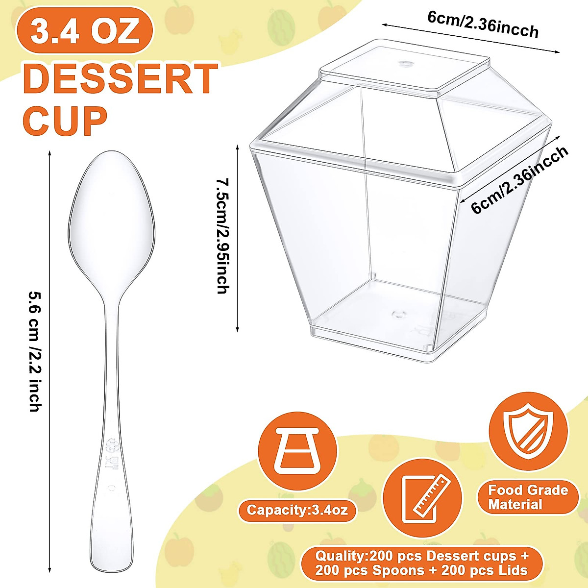 600 Pcs 3.4 oz Plastic Dessert Cups Parfait Cups with Lids and Spoons Mini Appetizer Cups Clear Square Disposable Cups Dessert for Pudding Fruit Ice Cream Wedding Baby Shower Birthday Decorations