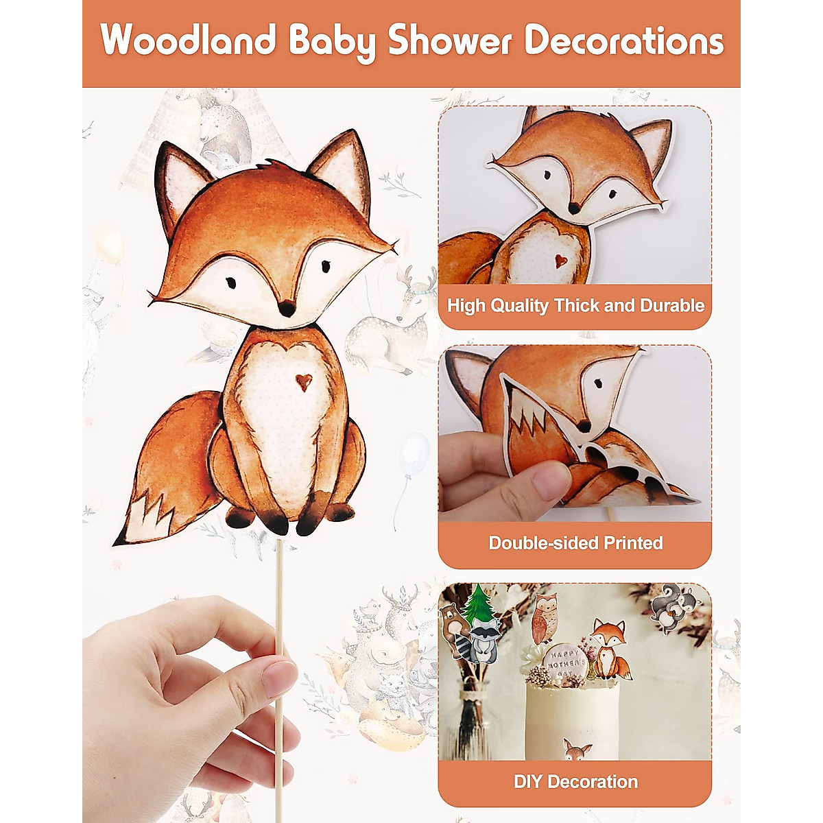 yuuzue 24pcs Woodland Animals Cake Topper, Baby Shower Decorations, Double-Sided Printed Forest Friends Centerpiece Sticks for Wild One Camping Party Supplies