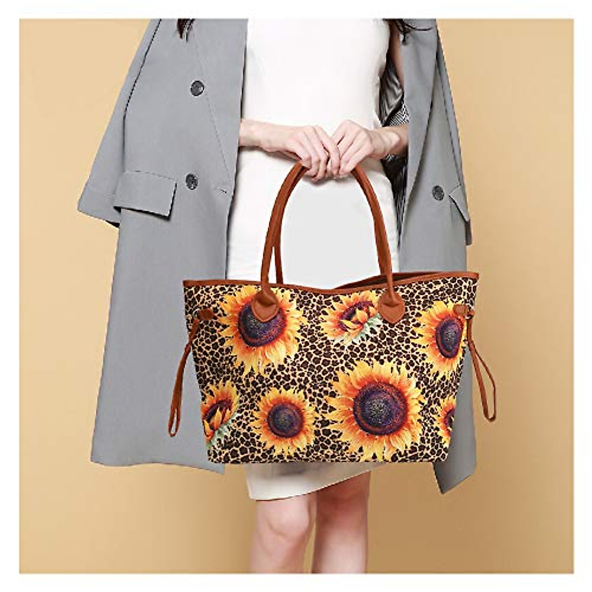 JIU HONG CHAO Large Tote Bag for Women Sunflower Purse Leopard Print Handbag Canvas Beach Bag Lightweigh Tote with Faux Leather Handle Cheetah Gifts for Women…