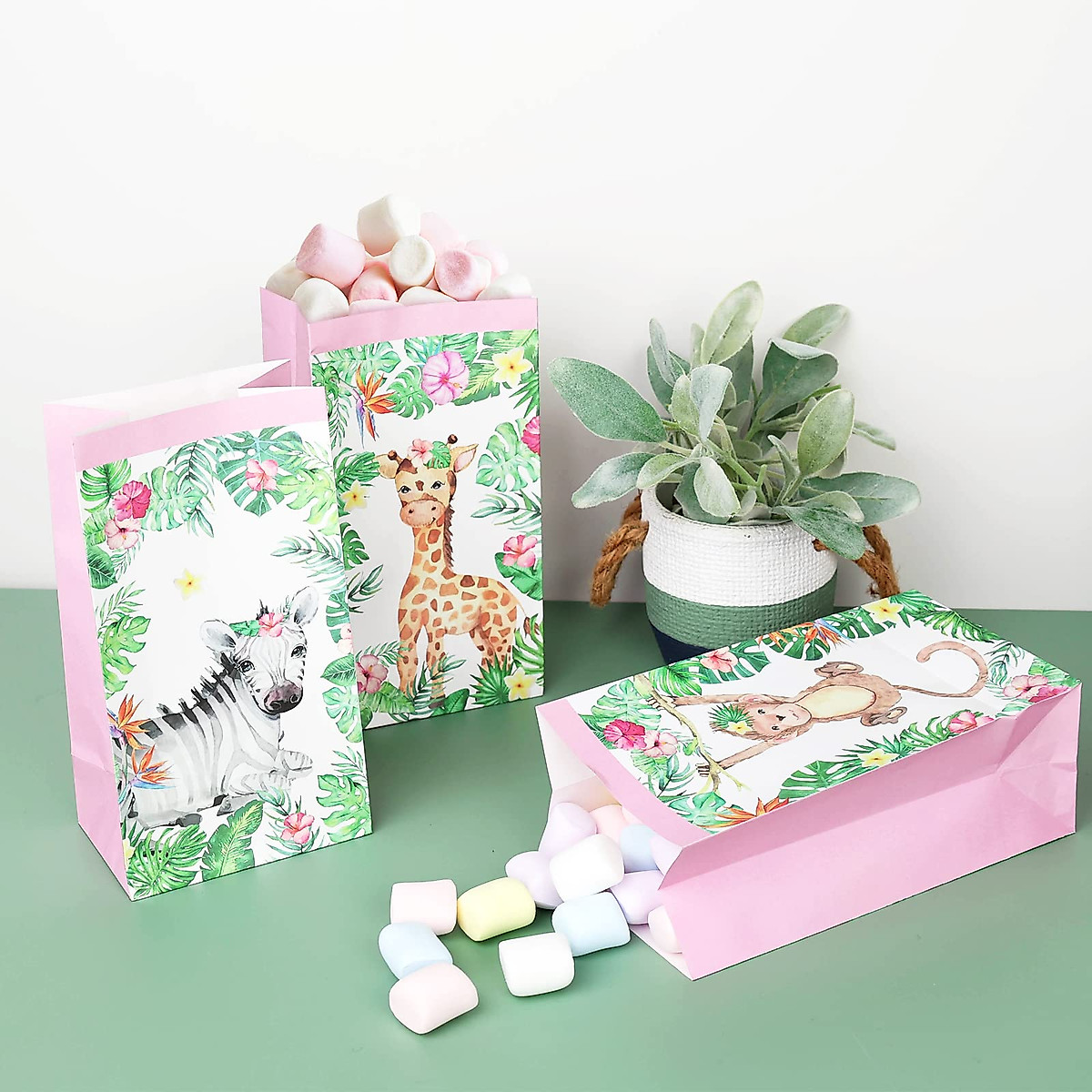 Safari Goodie Bags Jungle Party Favors Bags Pink Floral Wild Animals Treat Candy Gift Paper Bags with Thank You Stickers for Birthday Party Supplies Decorations Set of 24