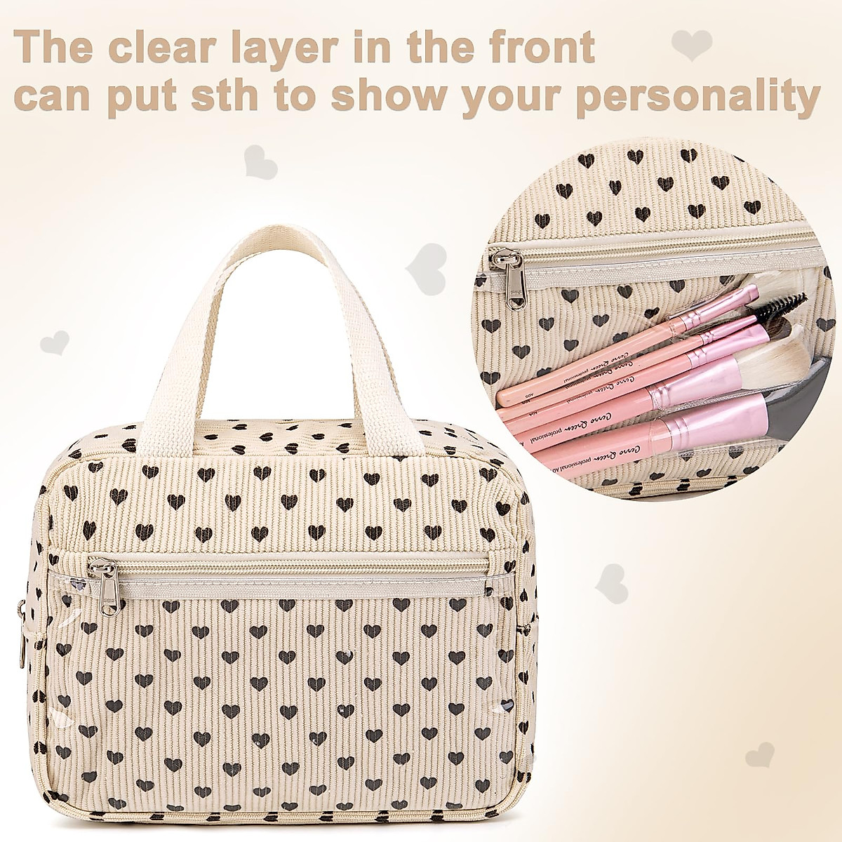 CAMTOP Makeup Bag Women Girls Corduroy Cosmetic Bags Travel Toiletry Purse Zipper Pouch (Black Heart)