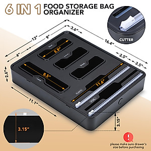 CiWiVOKi Storage Bag Organizer for Drawer, 6 in 1 Foil and Plastic Wrap Dispenser with Cutter, Plastic Kitchen Organizers and Storage for Sandwich Snack Gallon Quart Bags and 12" Aluminum Foil, Black