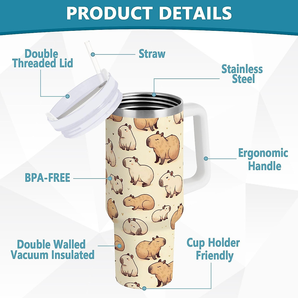 Capybaras Animal Forest 40 oz Tumbler with Handle Insulated Water Bottle with Straw Lid Stainless Steel Vacuum Insulated Cup Travel Coffee Mug