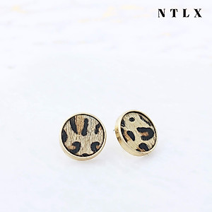 Animal Print Stud Earrings for Women – Leopard, Jaguar, Zebra, Snakeskin – Genuine Leather – Round, Oval, Teardrop - Fashion Statement Earrings - Gift Box Included (Round - Leopard)