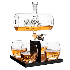 Motorcycle Decanter Whiskey & Wine Decanter Set 1100ml by The Wine Savant with 4 Whiskey Glasses, Motorcycle Gifts, Harley Davidson Motorbike Gifts, Drink Dispenser for Wine, Scotch, Bourbon 19"H 8"W