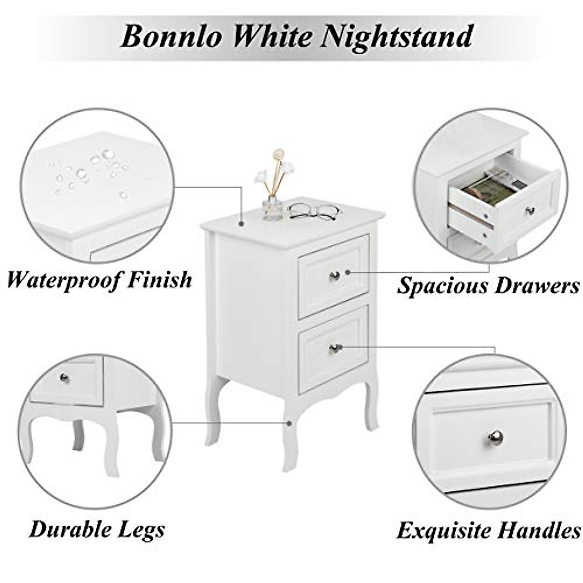 Bonnlo White Nightstand with 2 Drawers, Farmhouse Night Stands for Bedrooms Set of 2, Small Bed Side Table/Night Stand for Small Spaces, College Dorm, Kids’ Room, Living Room, 16W x 12D x 24H