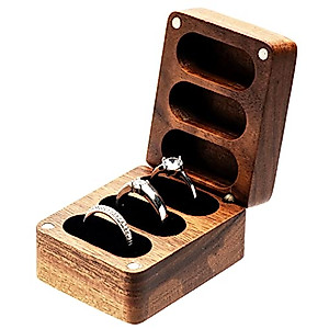 COSISO Walnut Wooden Wedding Ring Storage Box,Solid Ring Holder for Ring 3 Slots Wedding Ceremony Engagement Birthday (Black Inner)