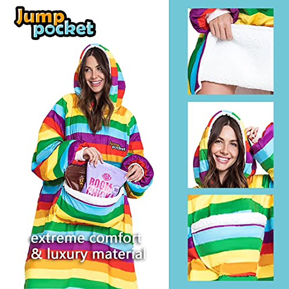 Jump Pocket Blanket Hoodie | Oversized Microfiber & Sherpa Wearable Blankets| Adult & Kids Size (Rainbow)
