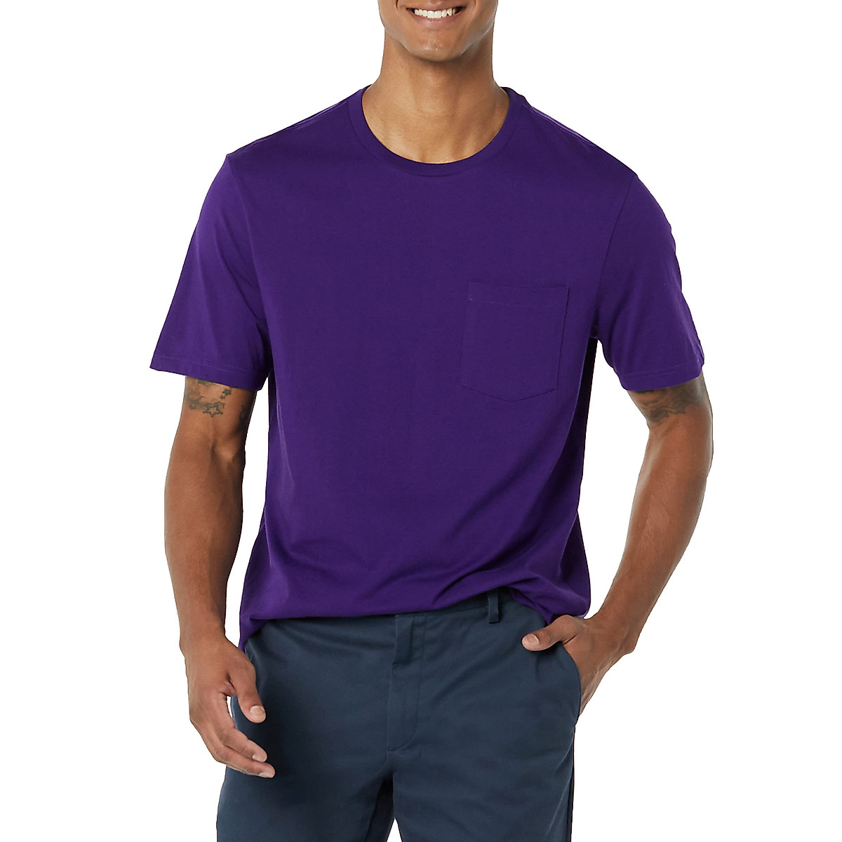 Amazon Essentials Men's Regular-Fit Short-Sleeve Crewneck Pocket T-Shirt, Pack of 2, Black/Dark Purple, Medium
