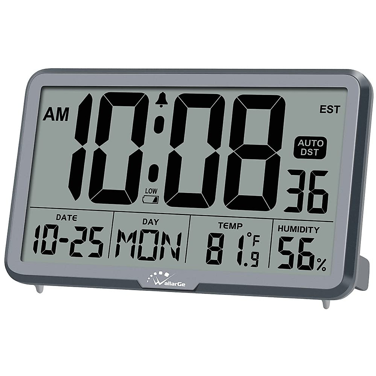 WallarGe Auto Digital Wall Clock with Temp, Humidity, Date, Alarm - For Elderly, Office, 8 Time Zones, Auto DST