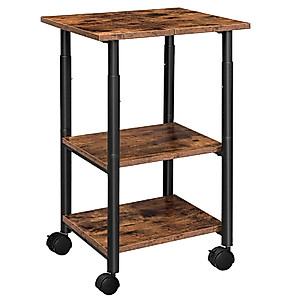 HOOBRO Printer Stand,3-Tier Adjustable Table Printer Cart on Wheels, Heavy Duty Storage Machine Rack for Home Office, Rustic Brown and Black BF03PS01