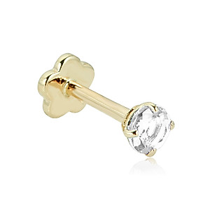 AVORA 14K Yellow Gold 3mm (0.1 carat) Round Simulated Diamond Cartilage Piercing Flat Back Earring Body Jewelry (18 Gauge)