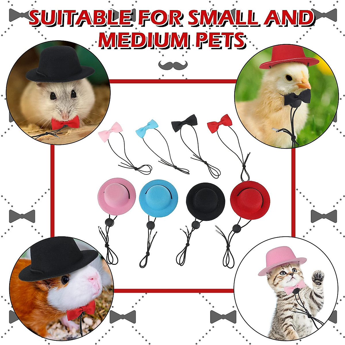 4 Sets 8 Pieces Guinea Pig Clothes Small Animal Bow Ties Pet Hats Outfit Suit Cosplay Cool Kawaii Pet Black Hat for Hamster Ferret Cat Rats Puppy Kitten Hedgehog Bearded Dragon