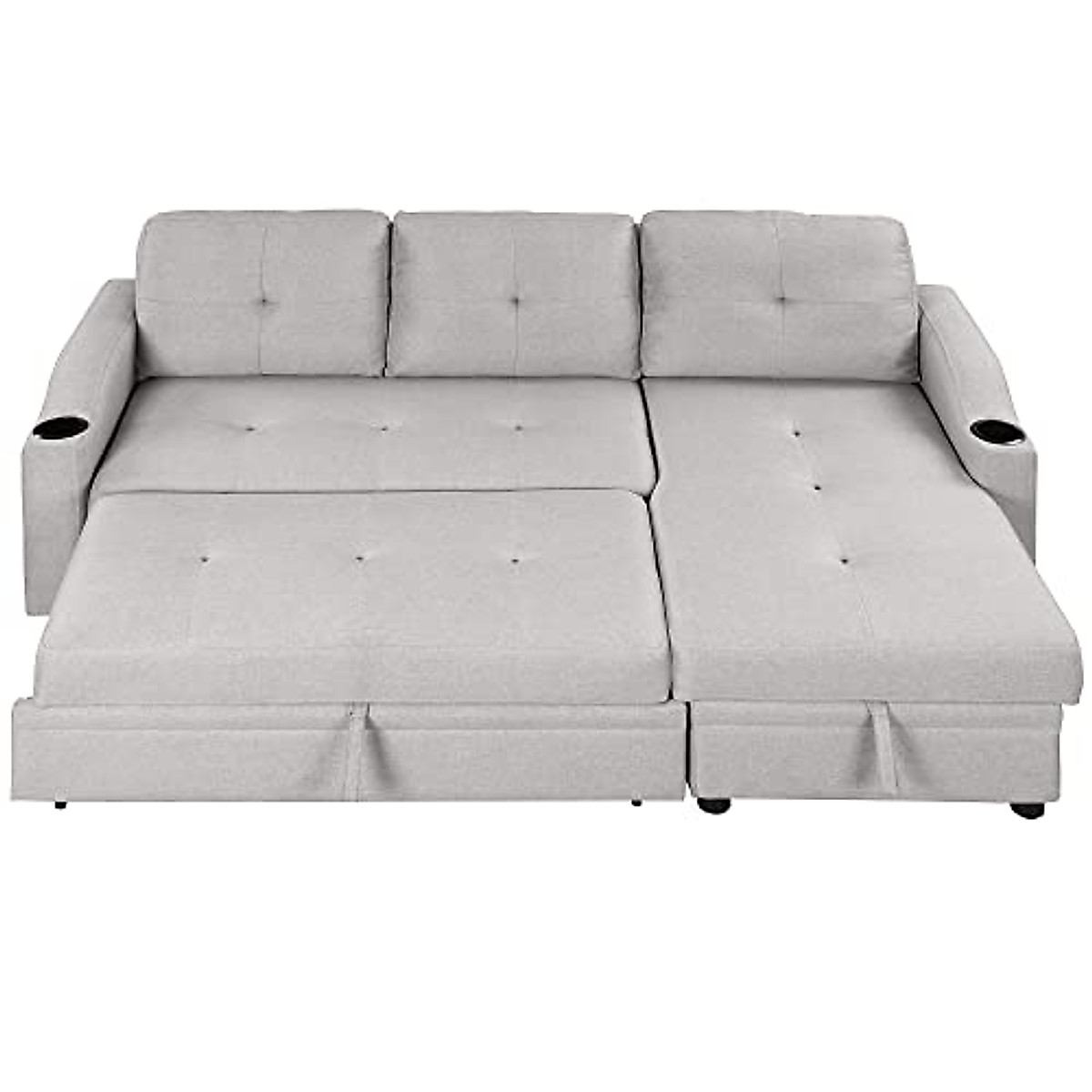 UBGO Modular, L-Shaped Living Room Furniture Sets,Pull Modern Padded Upholstered Sofa Bed, Linen Fabric 3 Seater Storage Chaise and Cup Holder, Couch for Small Spaces,Gray