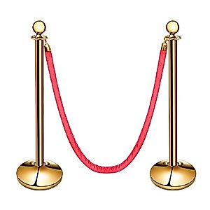 New Star Foodservice 54736 Round Top Brass Plated Stanchions, Set of 2 Posts with 1 of 79.5-Inch Red Velvet Rope