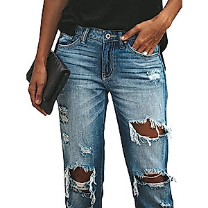KUNMI Women's Ripped Mid Waisted Boyfriend Jeans Loose Fit Distressed Stretchy Denim Pants
